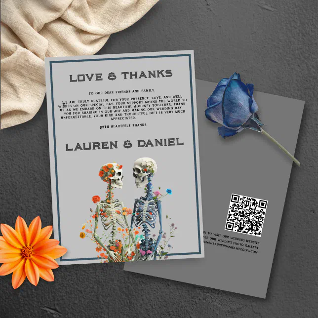 Floral Skeleton Lovers QR Code Wedding Thank You Card | Zazzle