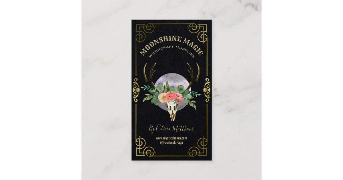Floral Skull And Moon Black Witchcraft Business Card | Zazzle
