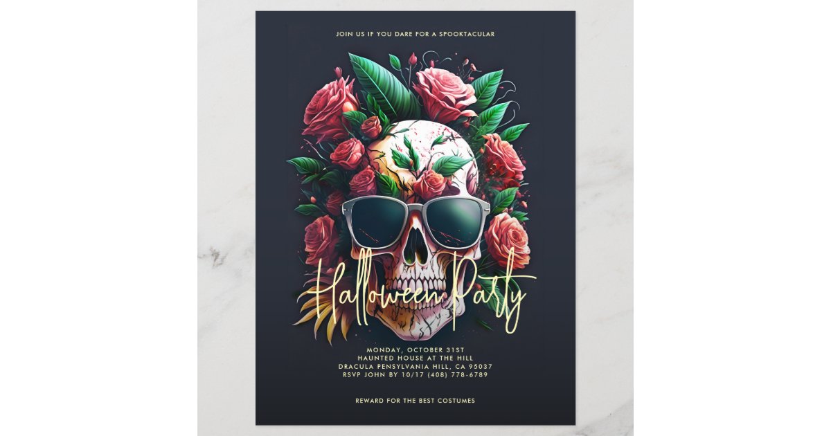 Floral Skull Dark Grey Halloween Party Flyer | Zazzle