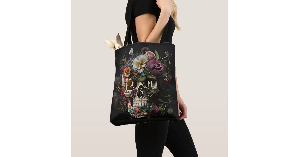 Floral Skull Goth Pagan Monogram Initials Tote Bag | Zazzle