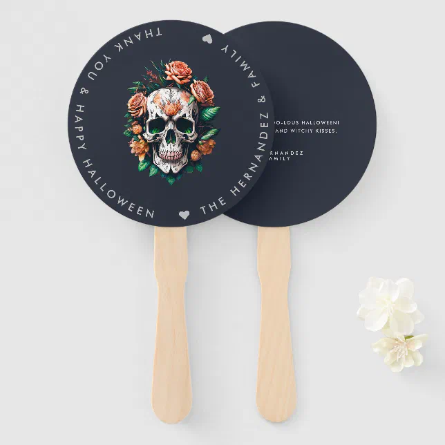 FLORAL SKULL Halloween Party Family Name Custom Hand Fan | Zazzle