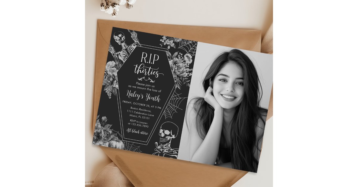 Floral Skull RIP Thirties 40th Birthday Photo Invitation | Zazzle
