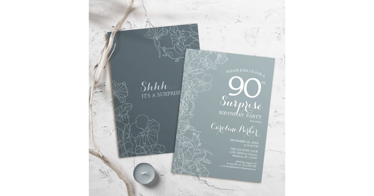 Floral Slate Blue Surprise 90th Birthday Party Invitation | Zazzle
