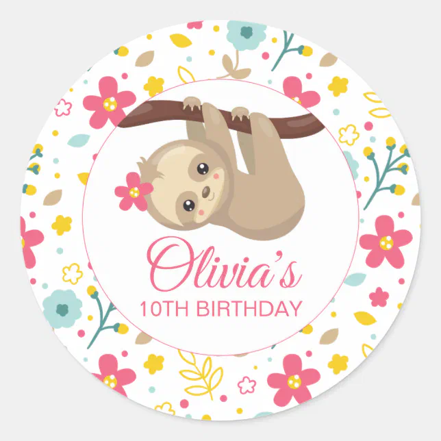 Floral Sloth Birthday Party Stickers | Zazzle