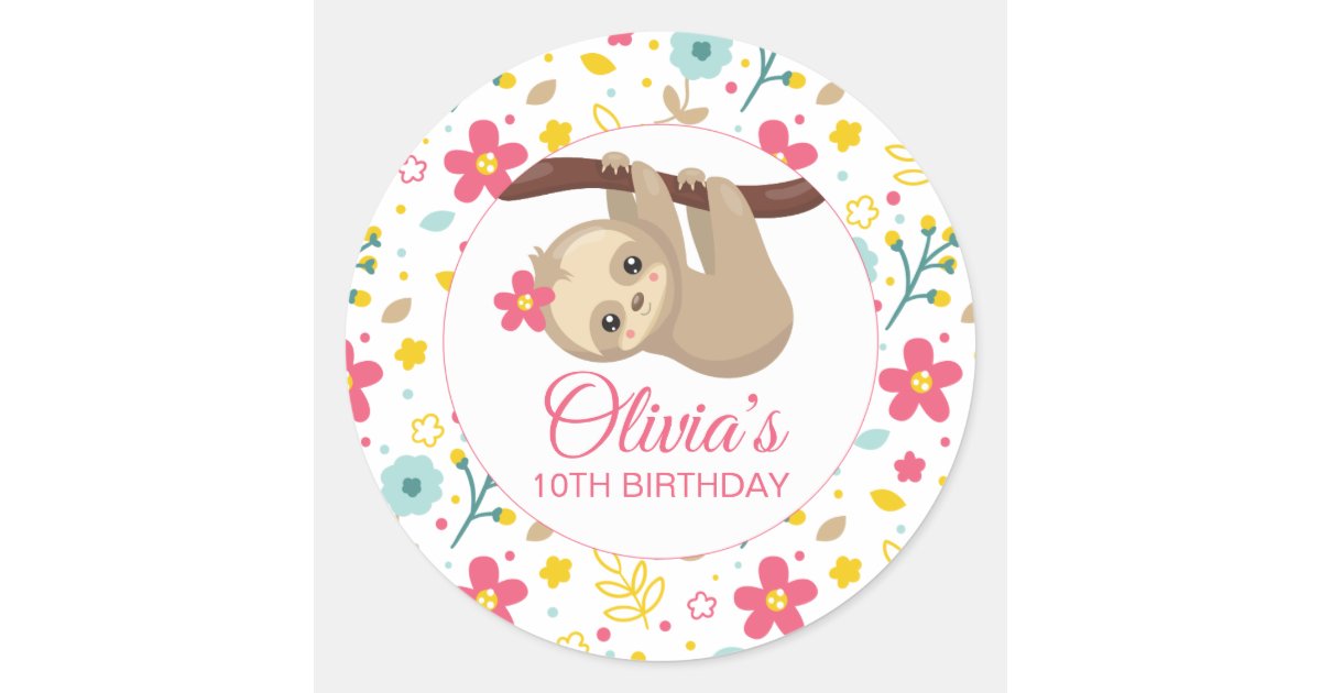 Floral Sloth Birthday Party Stickers | Zazzle