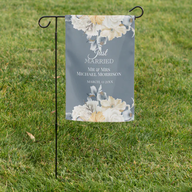 FLORAL SOMETHING BLUE- JUST MARRIED Wedding Garden Flag | Zazzle