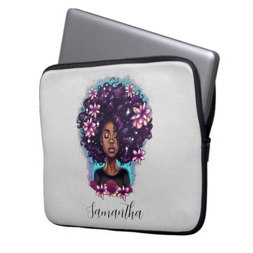 Floral Sparkling Afro Woman Laptop Sleeve | Zazzle