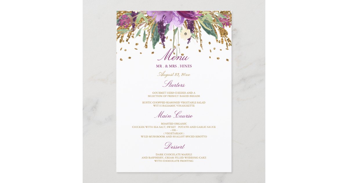 Floral Sparkling Amethyst Wedding Dinner Menu | Zazzle