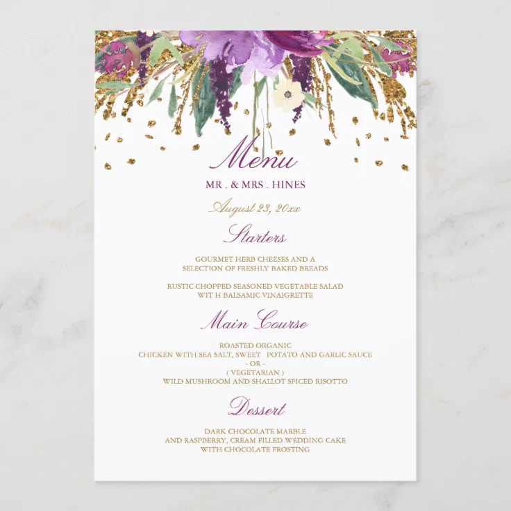 Floral Sparkling Amethyst Wedding Dinner Menu | Zazzle