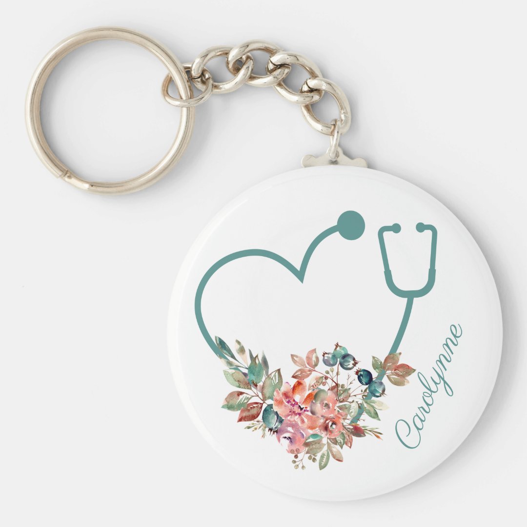 Floral Stethoscope Heart Caregiver Nurse Doctor Keychain | Zazzle