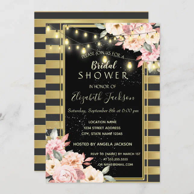 Floral String Lights,Gold Striped Bridal Shower Invitation | Zazzle