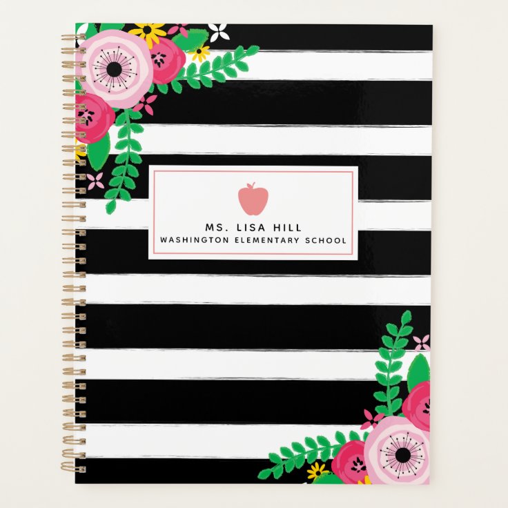 Floral Stripes Pink Apple Teacher Planner | Zazzle
