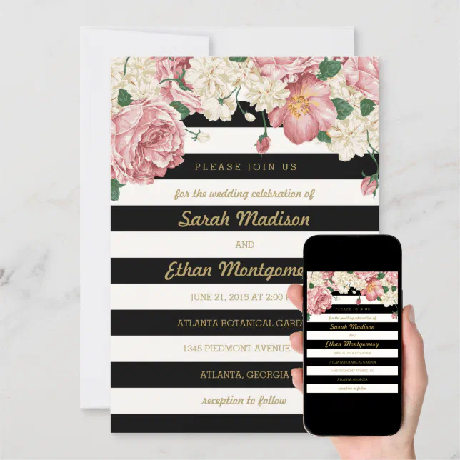 Floral Stripes Wedding Invitations | Zazzle