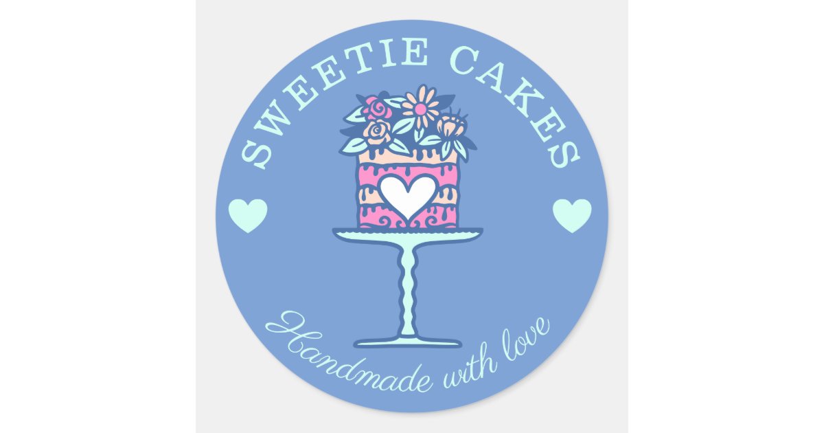 Floral Style Bakery Cake & Stand Logo Blue Classic Round Sticker | Zazzle