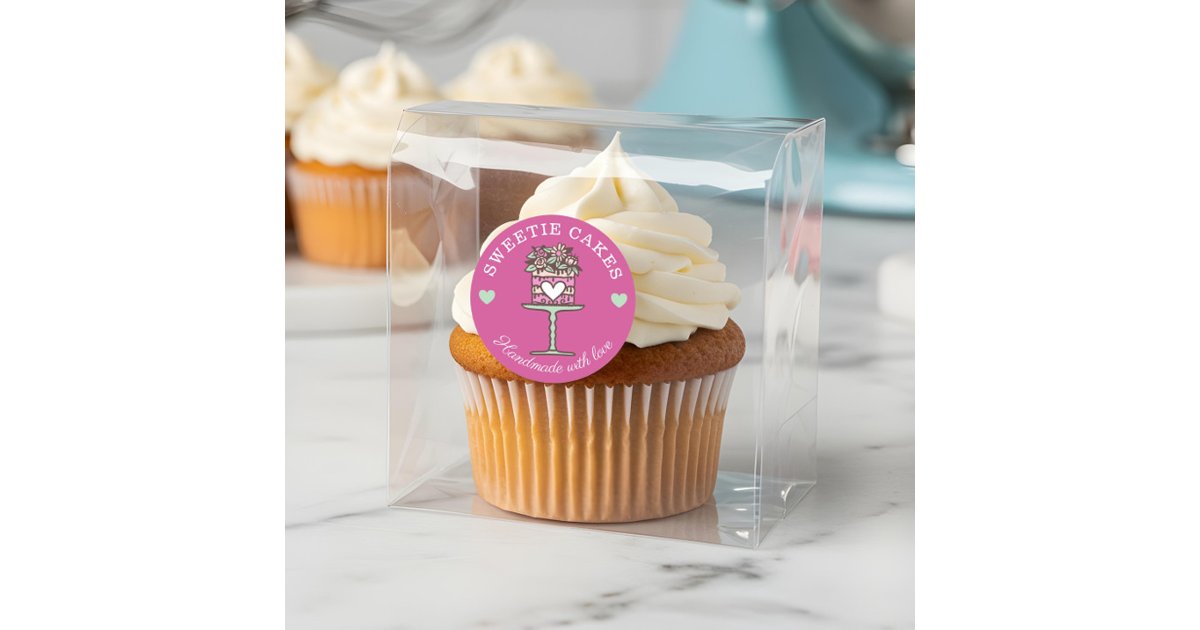 Floral Style Bakery Cake & Stand Logo Pink Classic Round Sticker | Zazzle