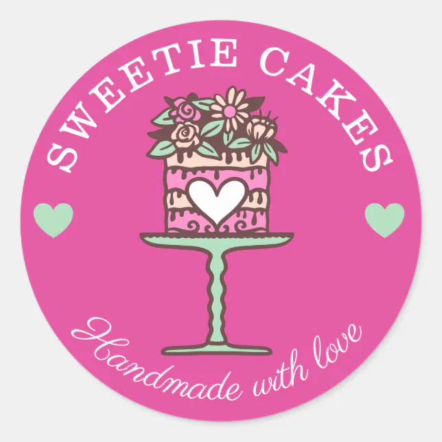 Floral Style Bakery Cake & Stand Logo Pink Classic Round Sticker | Zazzle