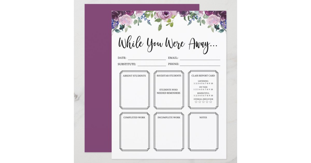 Floral Substitute Teacher While You Were Away Note | Zazzle