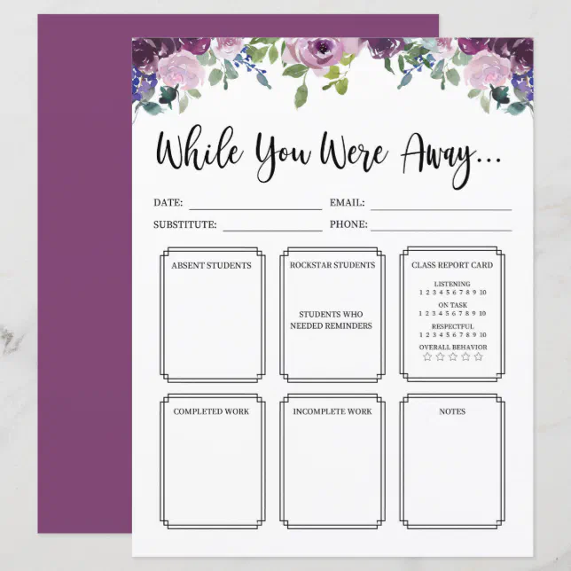 Floral Substitute Teacher While You Were Away Note | Zazzle