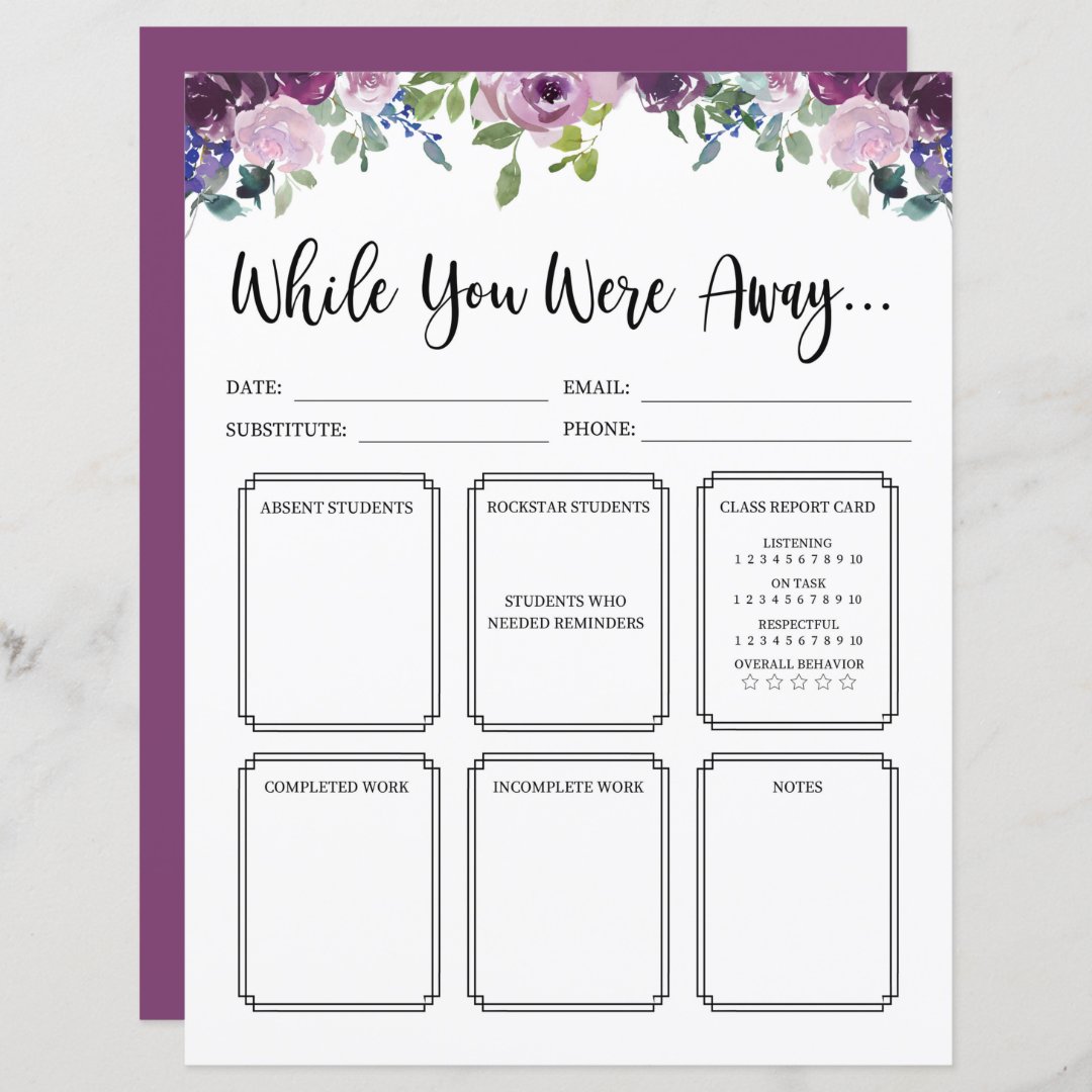 Floral Substitute Teacher While You Were Away Note | Zazzle