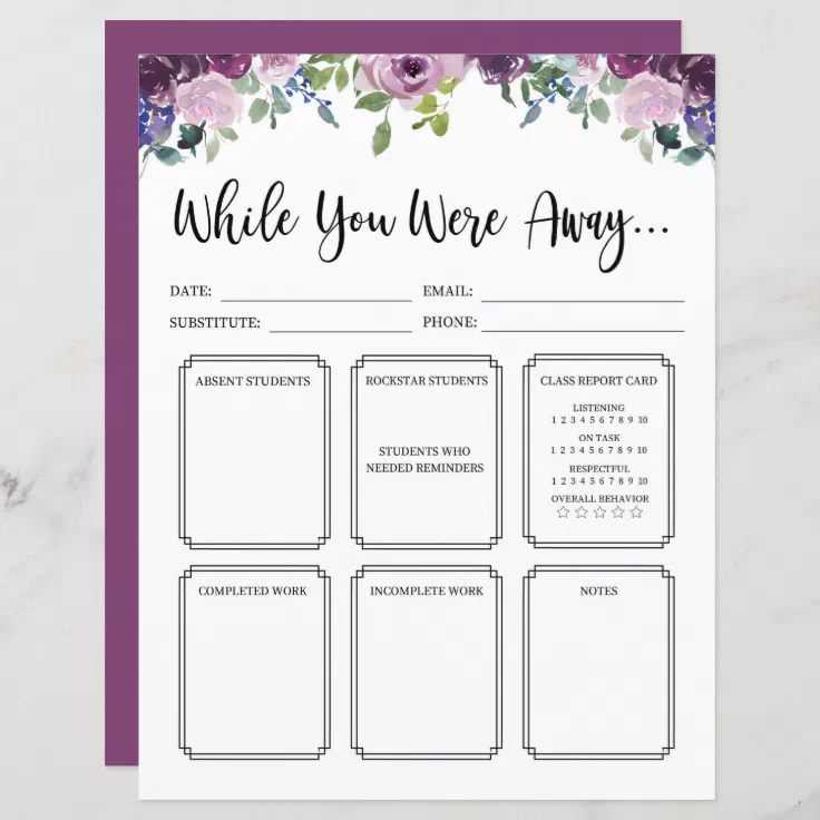 Floral Substitute Teacher While You Were Away Note | Zazzle