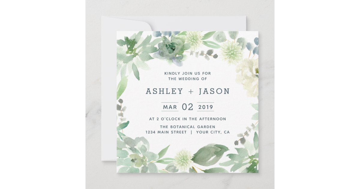 Floral Succulents Square Wedding Invitation | Zazzle