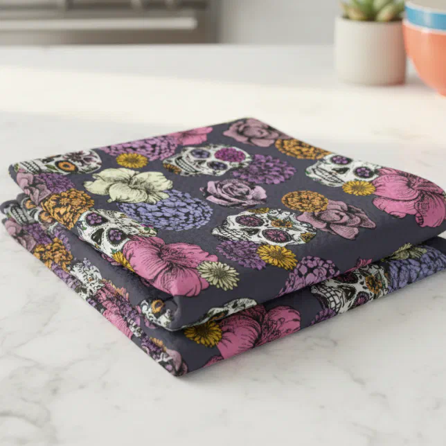 Floral Sugar Skulls Dia de los Muertos Kitchen Towel | Zazzle