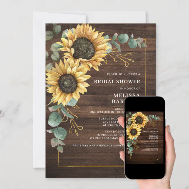 Floral Sunflower Eucalyptus Rustic Bridal Shower Invitation | Zazzle