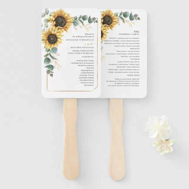 Floral Sunflower Eucalyptus Rustic Wedding Program Hand Fan | Zazzle