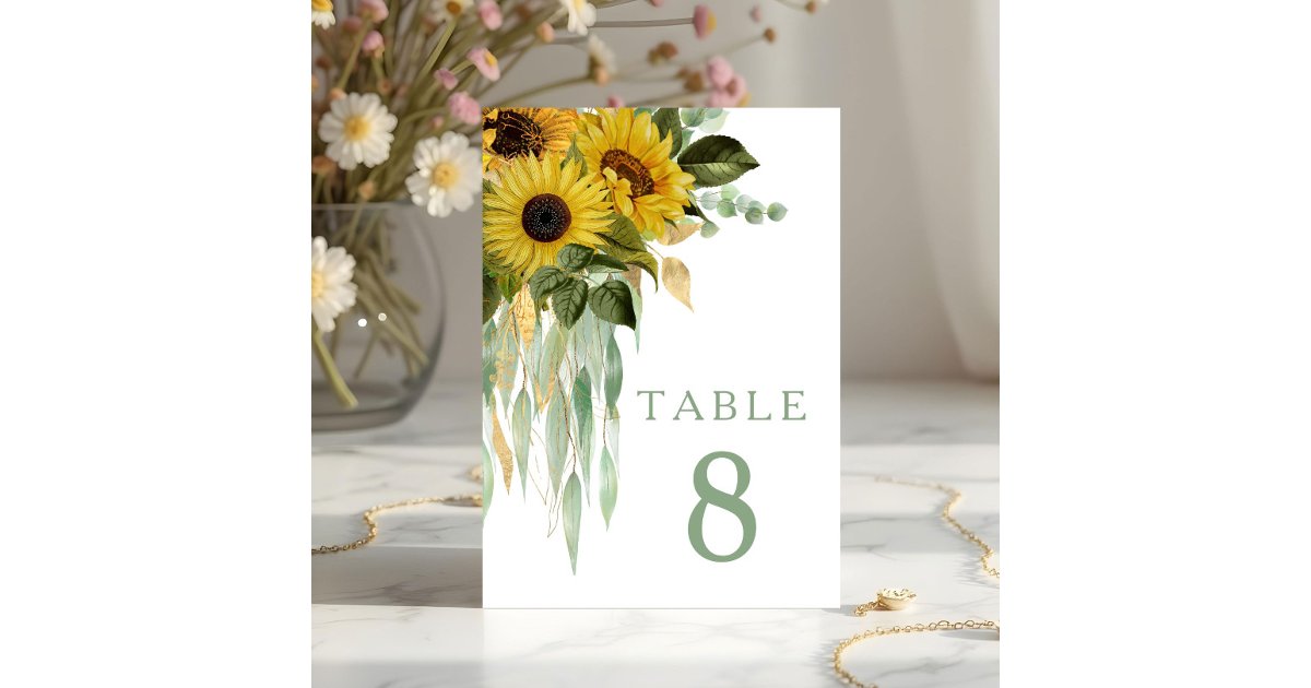 Floral Sunflower Eucalyptus Sage Green Wedding Table Number | Zazzle