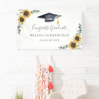Floral Sunflower Eucalyptus Script Graduation Banner | Zazzle
