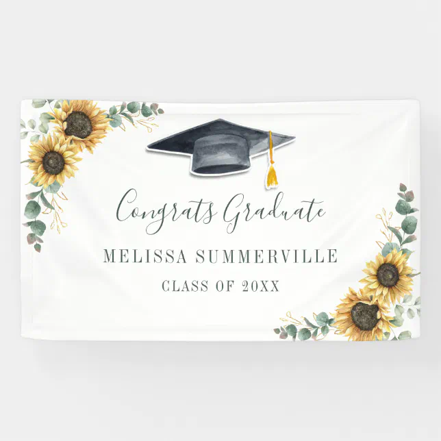 Floral Sunflower Eucalyptus Script Graduation Banner | Zazzle