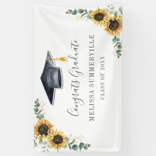 Floral Sunflower Eucalyptus Script Graduation Banner | Zazzle