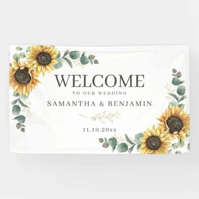 Floral Sunflower Eucalyptus Script Wedding Welcome Banner | Zazzle