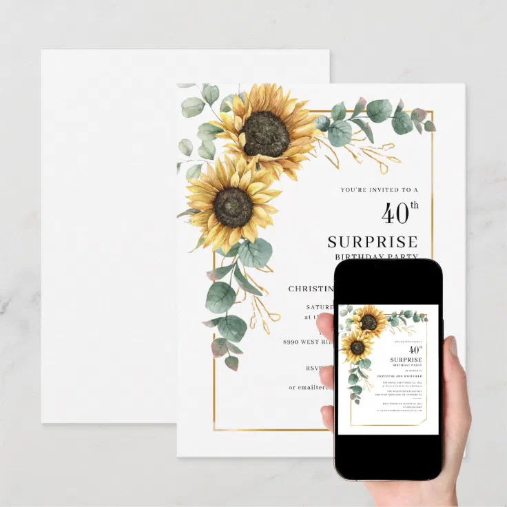 Floral Sunflower Eucalyptus Surprise 40th Birthday Invitation | Zazzle