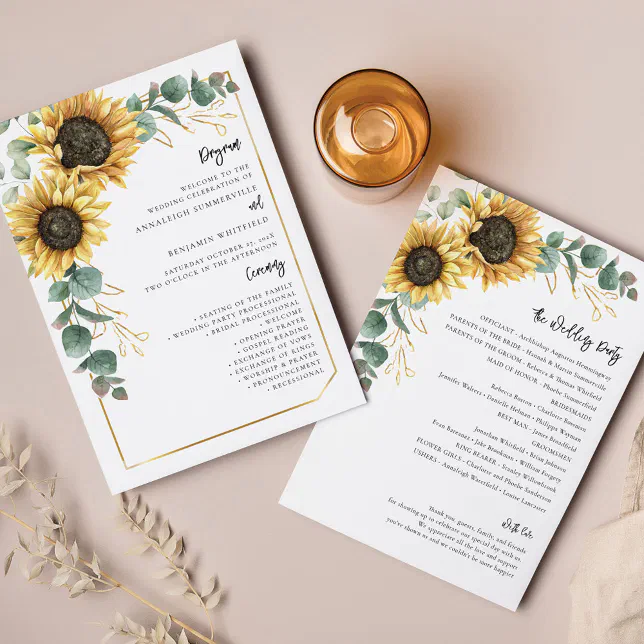 Floral Sunflower Greenery Wedding Program | Zazzle