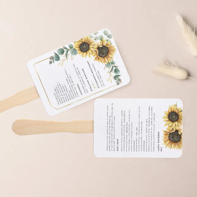 Floral Sunflower Greenery Wedding Program Hand Fan | Zazzle