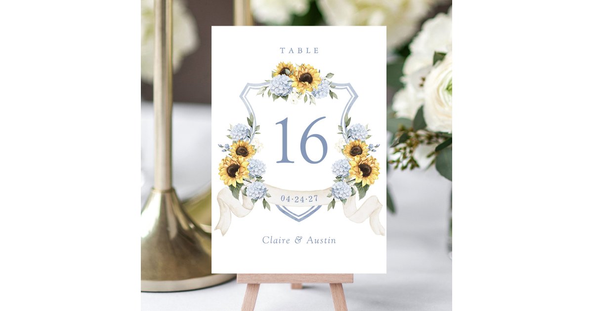 Floral Sunflowers Blue Hydrangea Crest Table Number | Zazzle