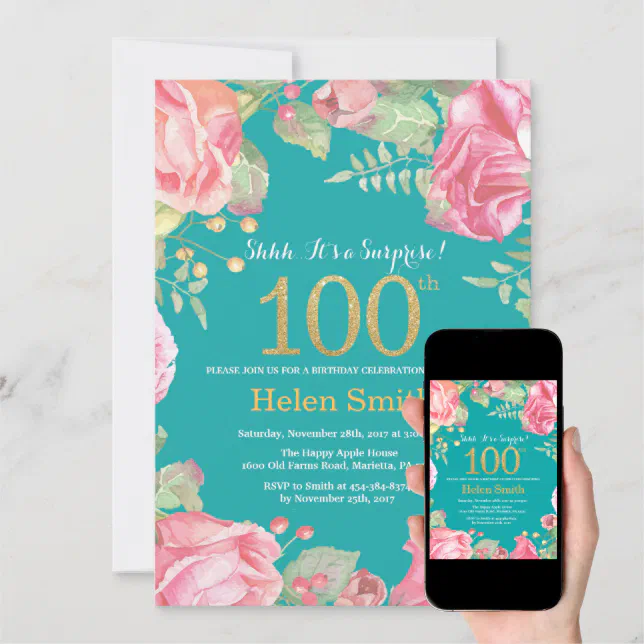 Floral Surprise 100th Birthday Gold and Teal Invitation | Zazzle