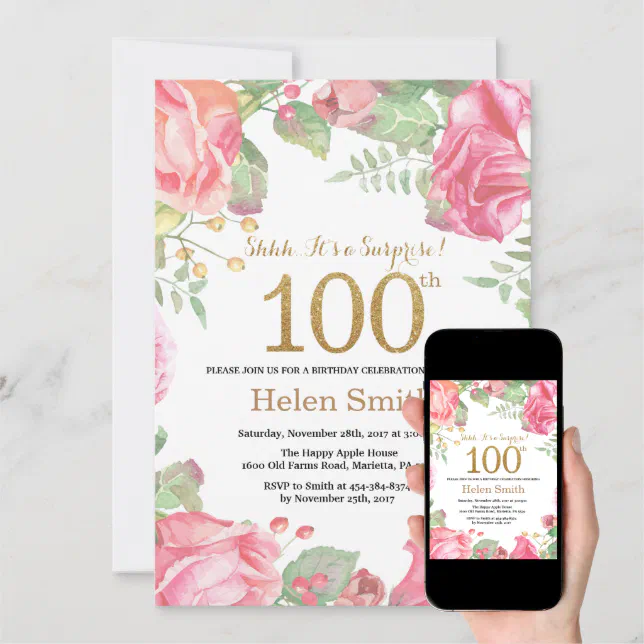 Floral Surprise 100th Birthday Gold Glitter Invitation | Zazzle
