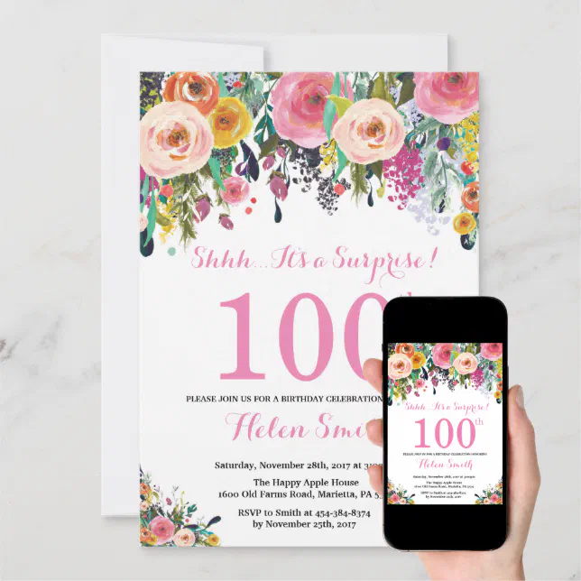 Floral Surprise 100th Birthday Invitation Pink | Zazzle
