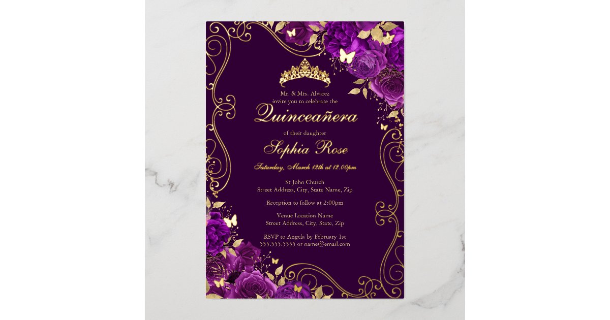 Floral Swirl Butterfly Purple Quinceanera Foil Invitation | Zazzle