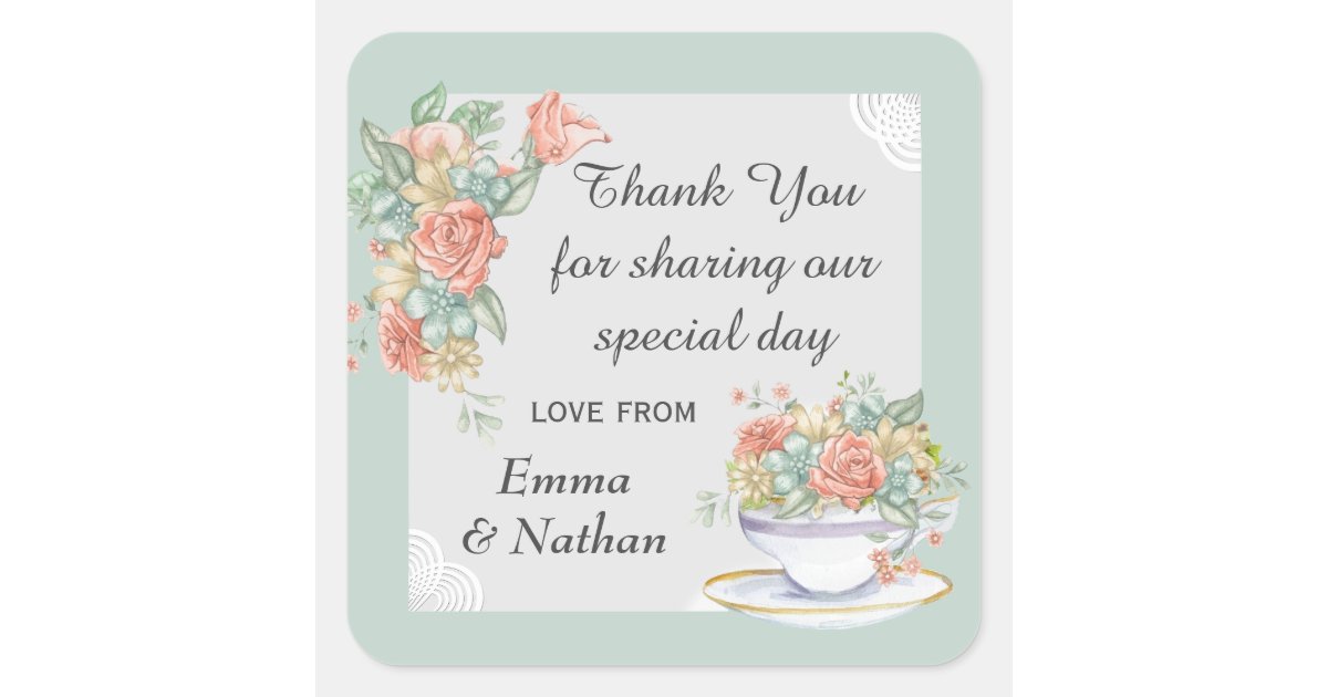 Floral Teacup Elegant Custom Thank You Message Square Sticker | Zazzle