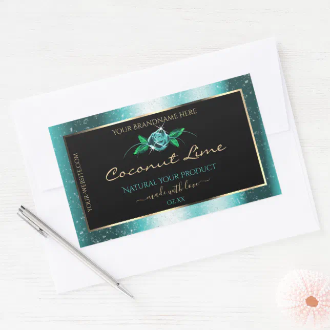 Floral Teal and Black Product Labels Soft Glitter | Zazzle