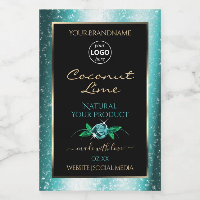 Floral Teal Black Product Labels Soft Glitter Logo | Zazzle