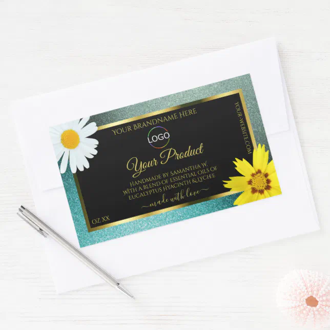 Floral Teal Blue Glitter Black Product Labels Logo | Zazzle