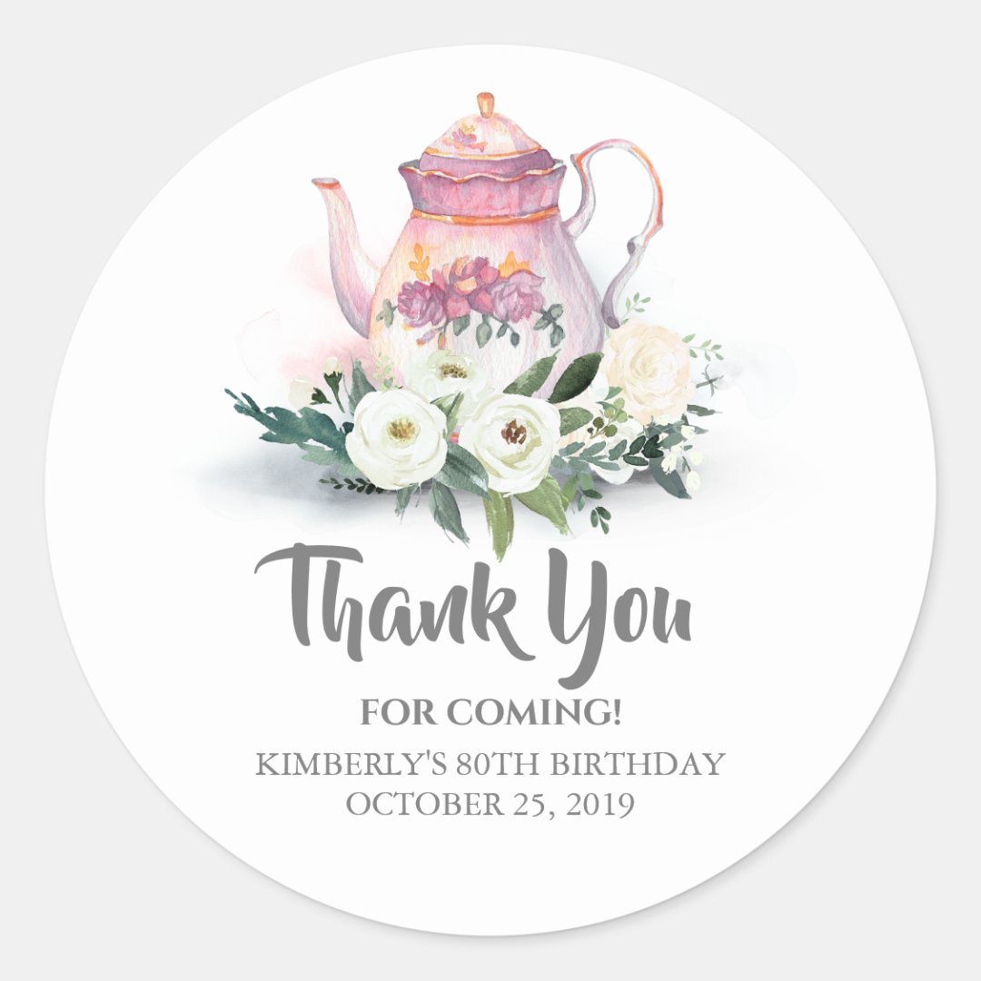 Floral Teapot Birthday Party Thank You Classic Round Sticker | Zazzle