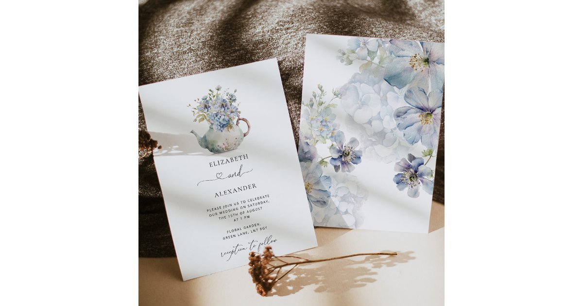 Floral teapot elegant blue wedding invitation | Zazzle