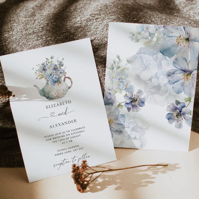 Floral teapot elegant blue wedding invitation | Zazzle