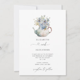 Floral teapot elegant blue wedding invitation | Zazzle