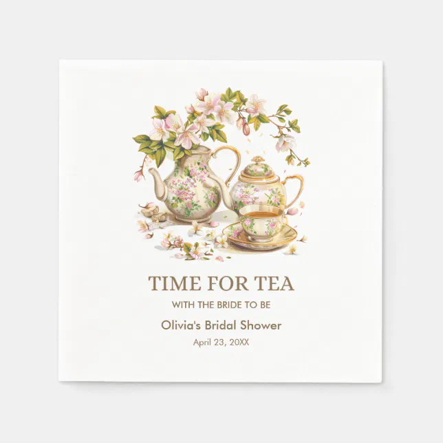 Floral Teapot Time for Tea Bridal Shower Napkins | Zazzle